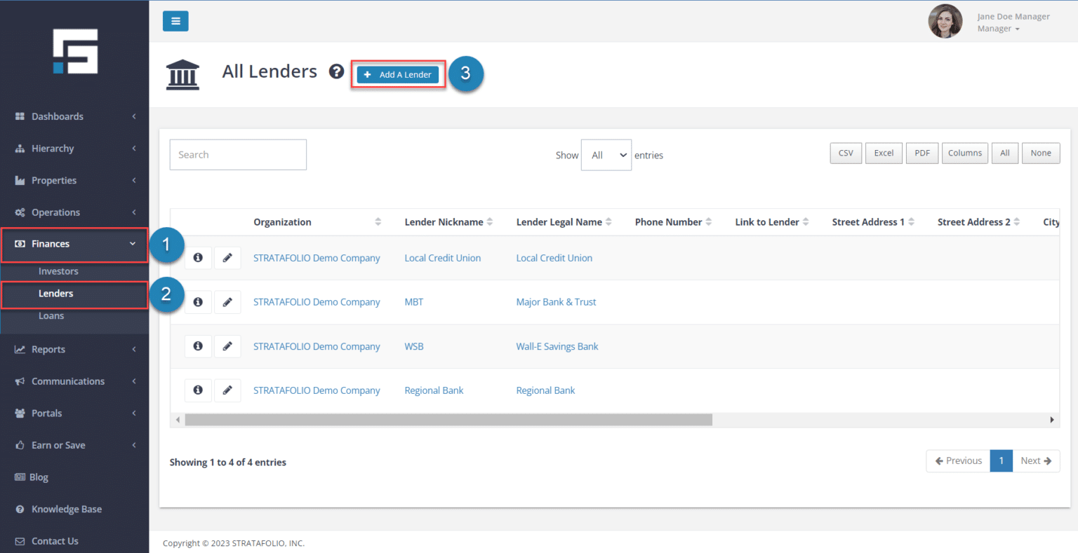 How to Add Lender Information in STRATAFOLIO
